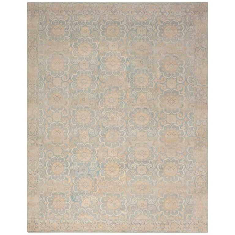 Modern Granada Floral Design Beige, Blue Handmade Wool Rug by Doris ...