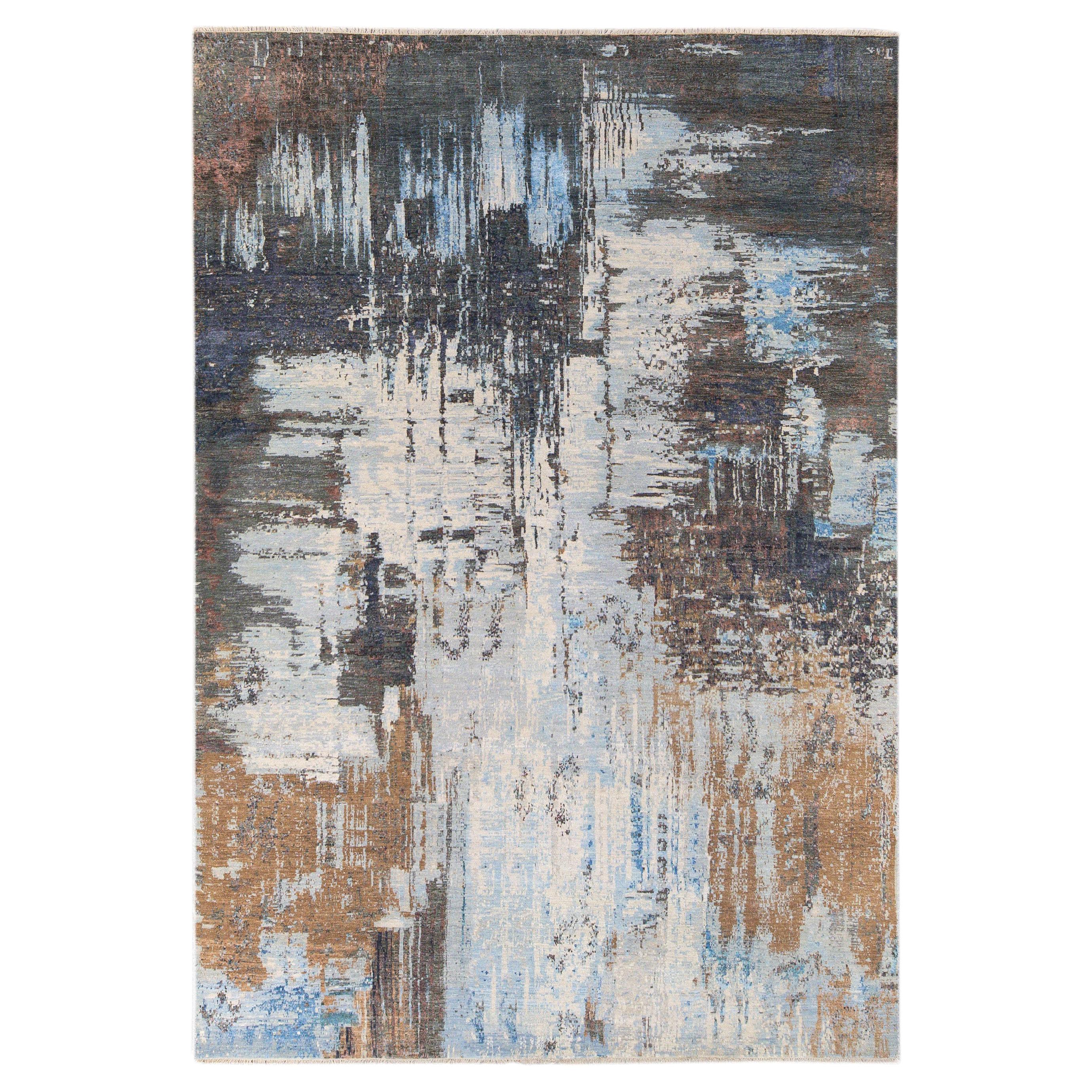 Blue and Grey Comtemporary Indian Handmade Geometric Scatter Wool and ...
