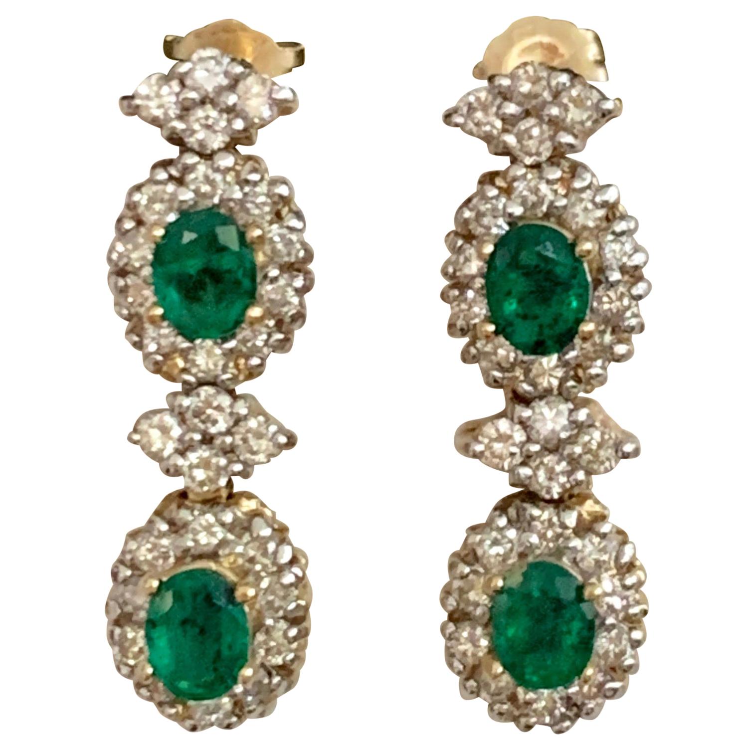 Modern Green Emerald and Diamond 14 Karat Yellow Gold Post Dangle ...