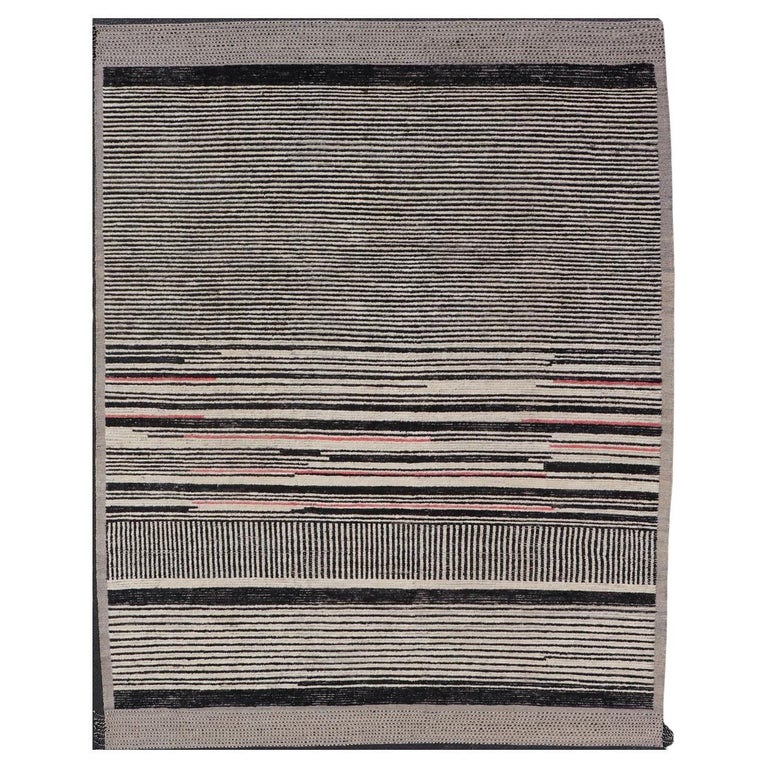 Modern Hand-Knotted Rug in Wool with Abstract Linear Design in Black ...