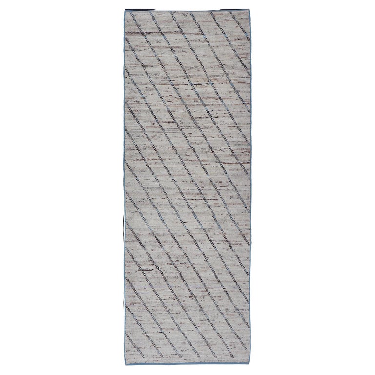 Modern Hand-Knotted Runner in Wool with Linear Design in Blue and ...