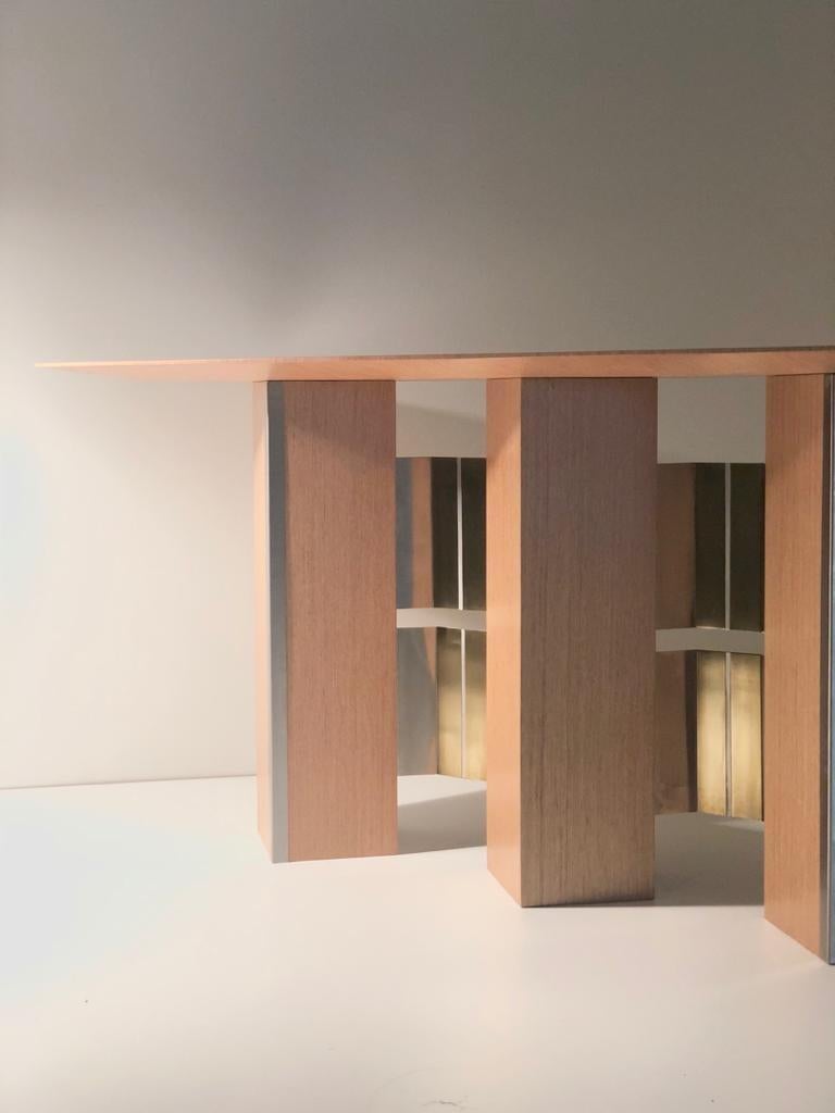 Geometric Console Table White Oak Wood Metal brass StainlessSteel by ...