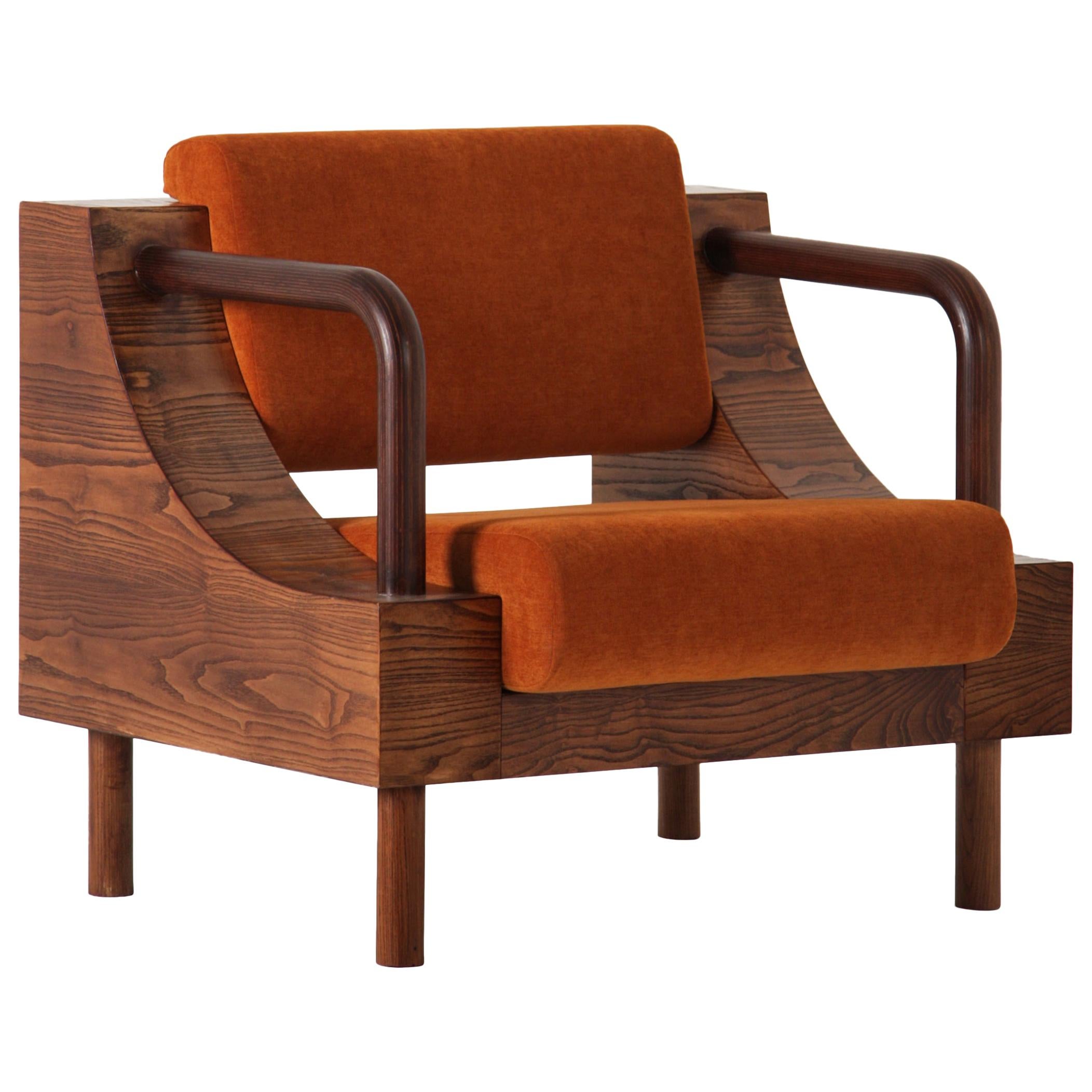 Modern Handcrafted Wooden Armchair with Velvet For Sale at 1stDibs