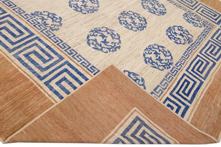Modern Handmade Blue Greek Key Pattern Beige Oversize Wool Rug For Sale ...