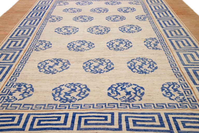 Modern Handmade Blue Greek Key Pattern Beige Oversize Wool Rug For Sale ...