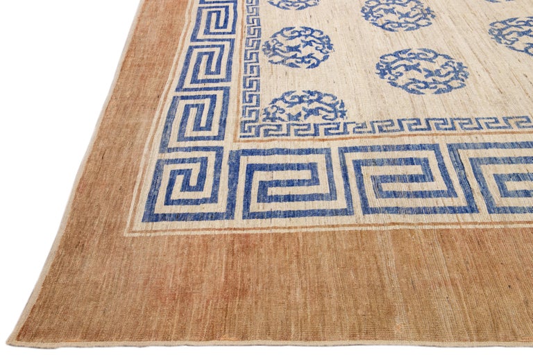 Modern Handmade Blue Greek Key Pattern Beige Oversize Wool Rug For Sale ...