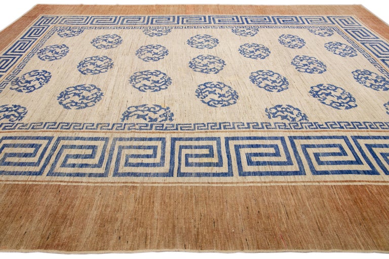 Modern Handmade Blue Greek Key Pattern Beige Oversize Wool Rug For Sale ...