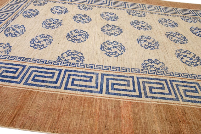 Modern Handmade Blue Greek Key Pattern Beige Oversize Wool Rug For Sale ...