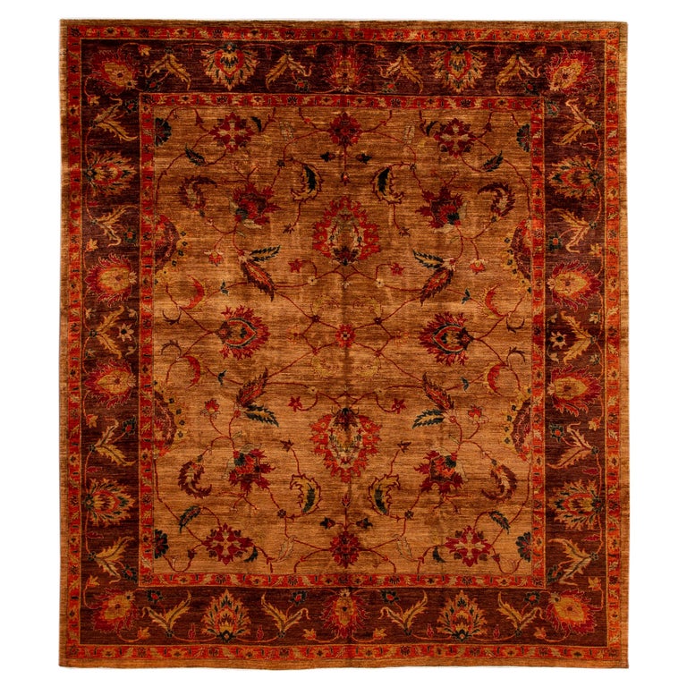 Modern Handmade Copper Botanical Floral Wool Rug For Sale at 1stDibs