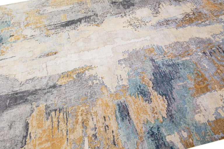 Modern Handmade Gray and Gold Abstract Wool and Silk Rug For Sale at ...