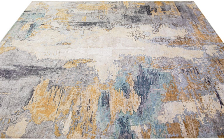 Modern Handmade Gray and Gold Abstract Wool and Silk Rug For Sale at ...