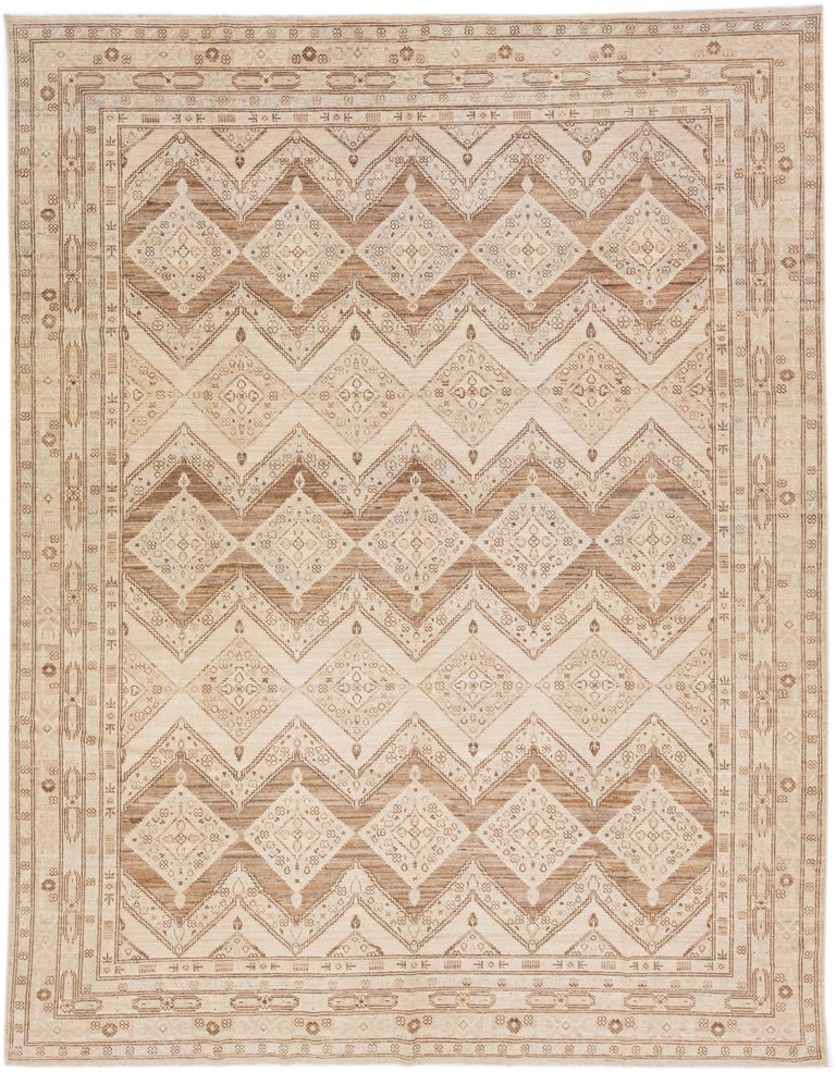 Modern Handmade Indian Peshawar Wool Rug With a Beige Geometric Motif ...