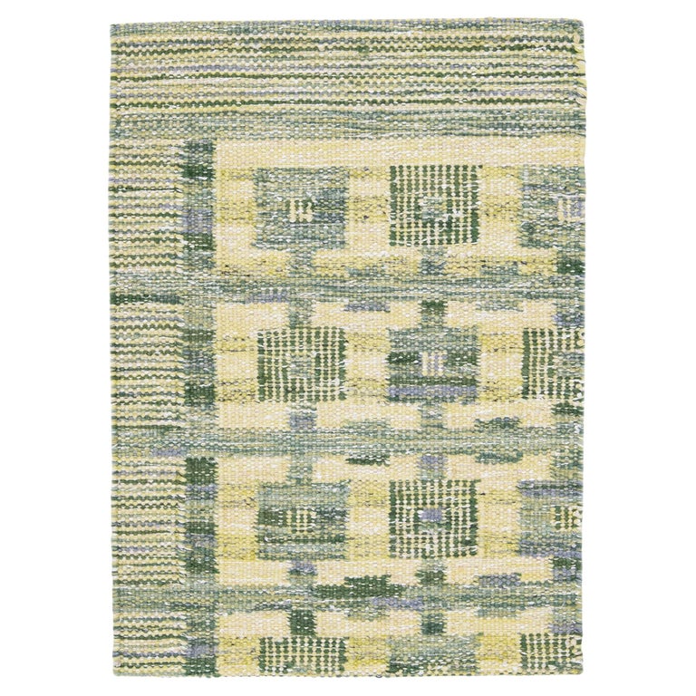 Modern Handmade Swedish Style Green Custom Wool Rug For Sale at 1stDibs