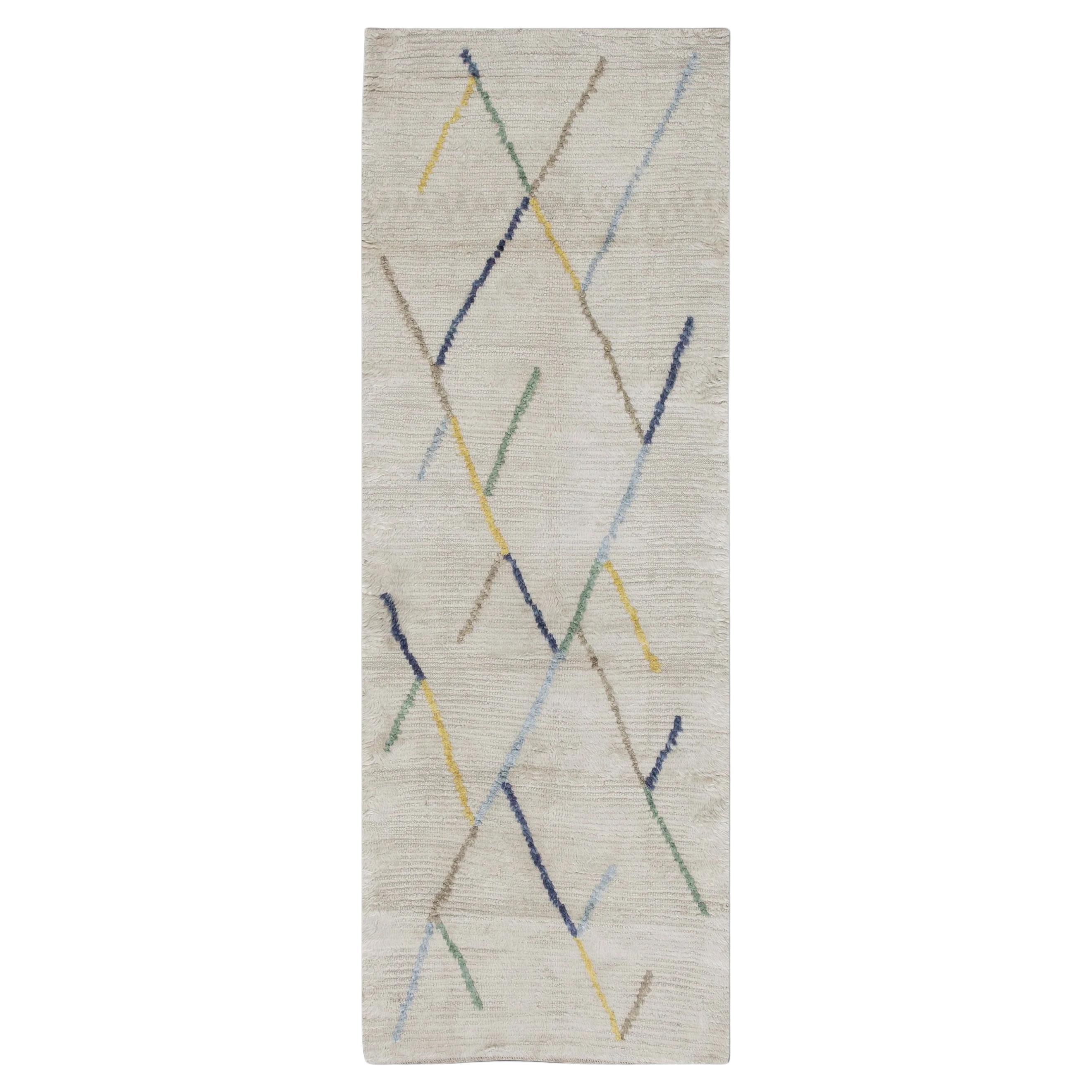 White Modern Handmade Wool Tulu Runner in Colorful Geometric Design 3'2 ...