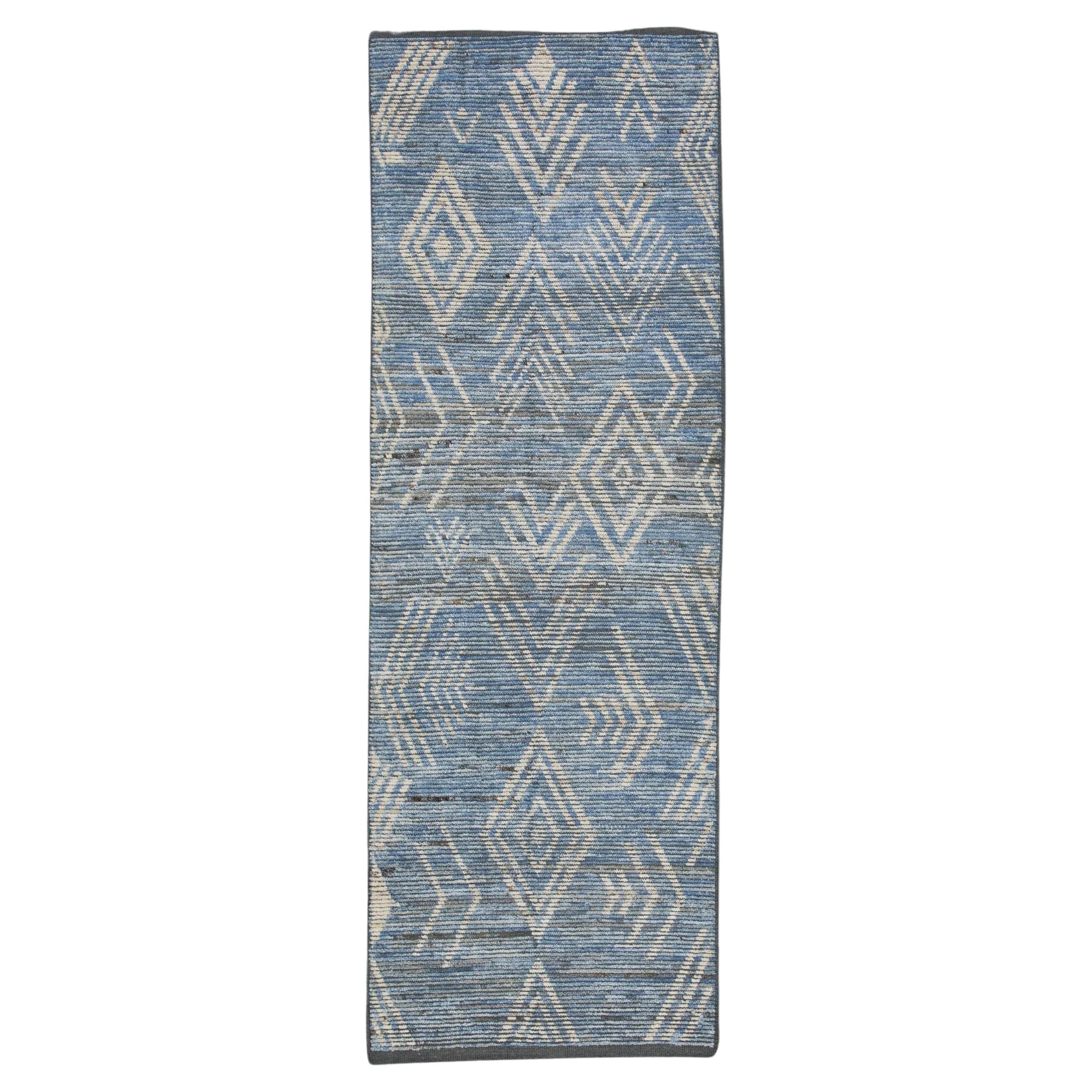 Brown and Blue Geometric Design Modern Handmade Wool Tulu Runner 3'2" X ...