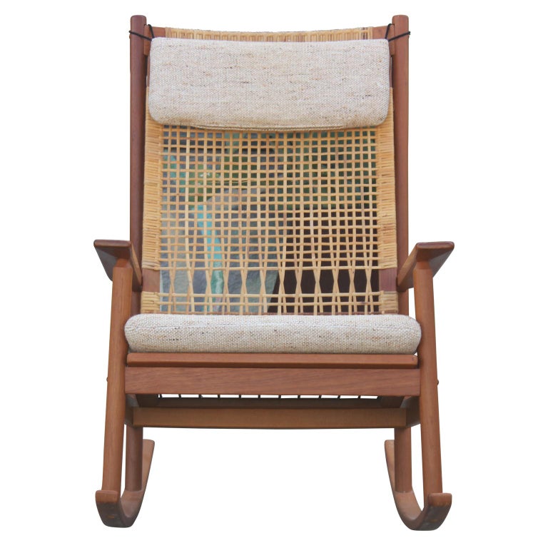 Modern Hans Olsen for Juul Kristensen Danish Teak Cane Rocking Chair ...