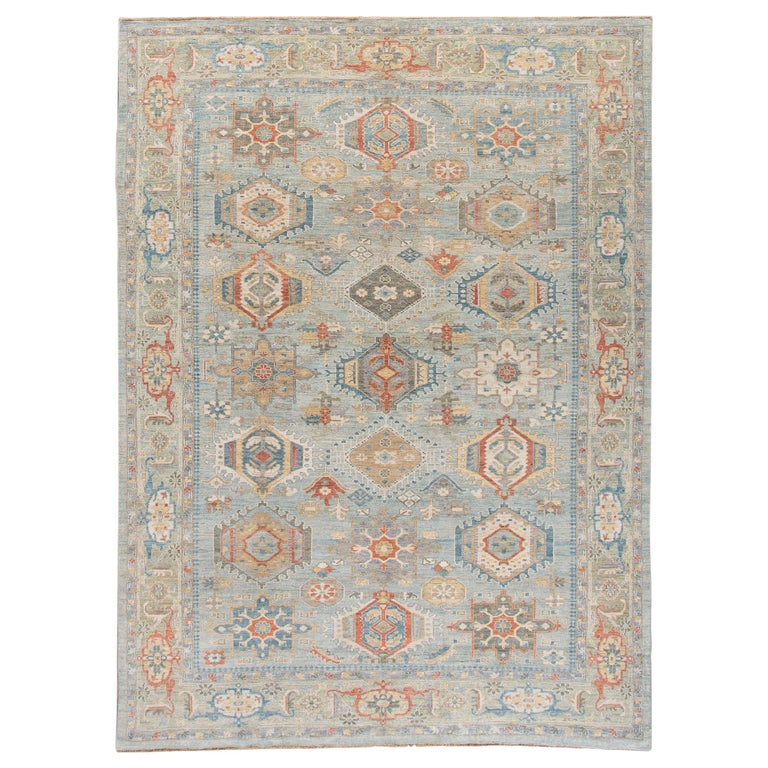 Modern Heriz Style Blue and Green Handmade Geometric Floral Wool Rug ...