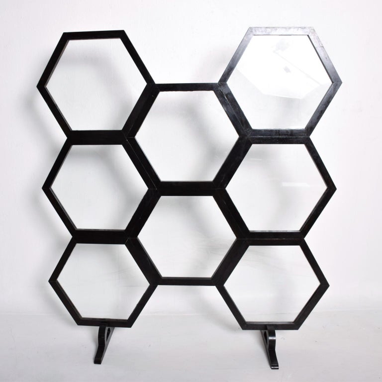 Modern Hexagonal Room Divider Screen Wood and Glass at 1stDibs ...