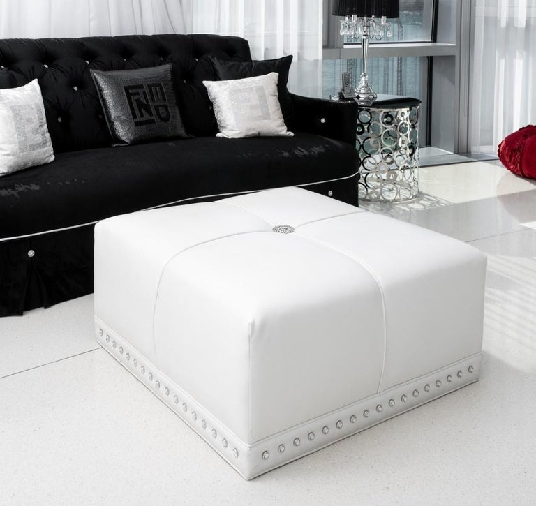 Modern Hollywood Regency White Vegan Leather Ottoman For Sale at 1stDibs