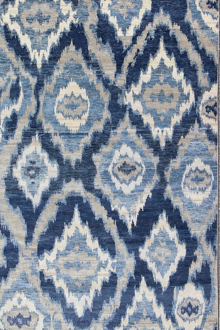 Modern Ikat Design Rug with All-Over Sub-Geometric Design in Blue and ...