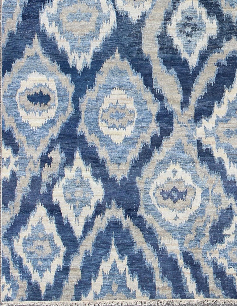Modern Ikat Design Rug with All-Over Sub-Geometric Design in Blue and ...