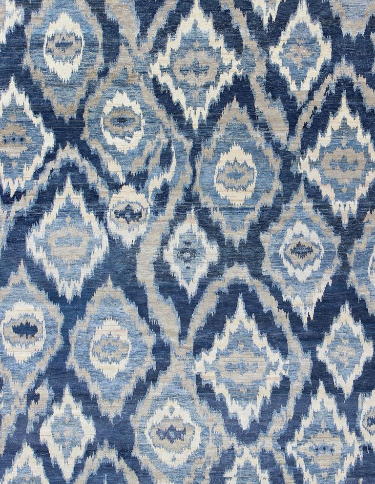 Modern Ikat Design Rug with All-Over Sub-Geometric Design in Blue and ...