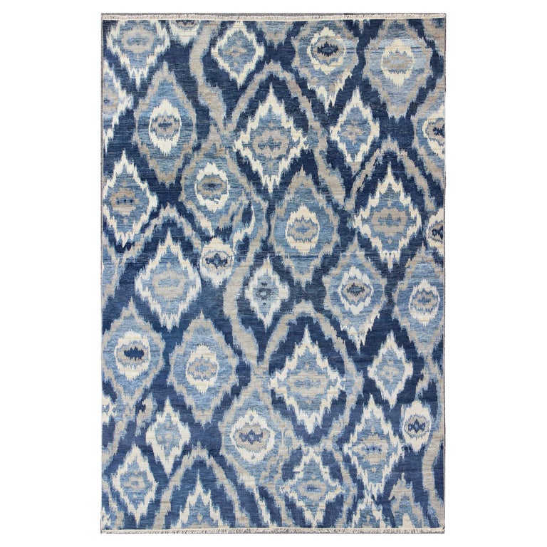 Modern Ikat Design Rug with All-Over Sub-Geometric Design in Blue and ...