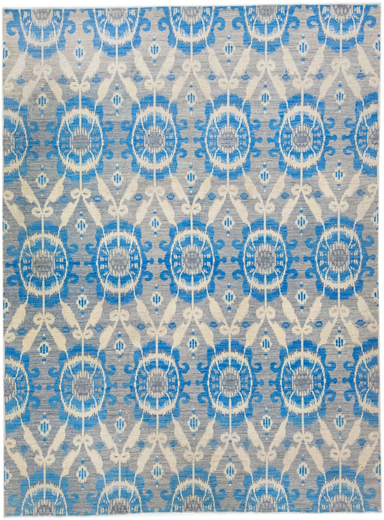 Modern Ikat Gray Wool and Silk Rug with Allover Pattern For Sale at 1stDibs