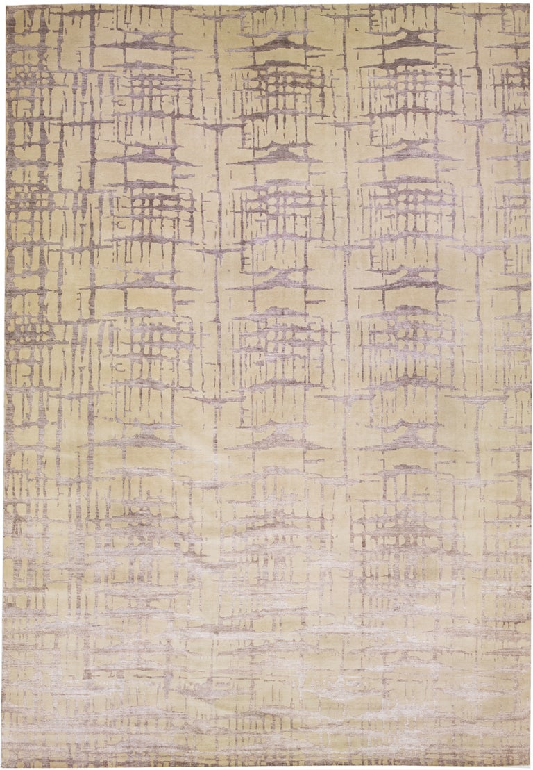 Modern Ikat Tan Handmade Oversize Wool and Silk Rug With Abstract Motif ...