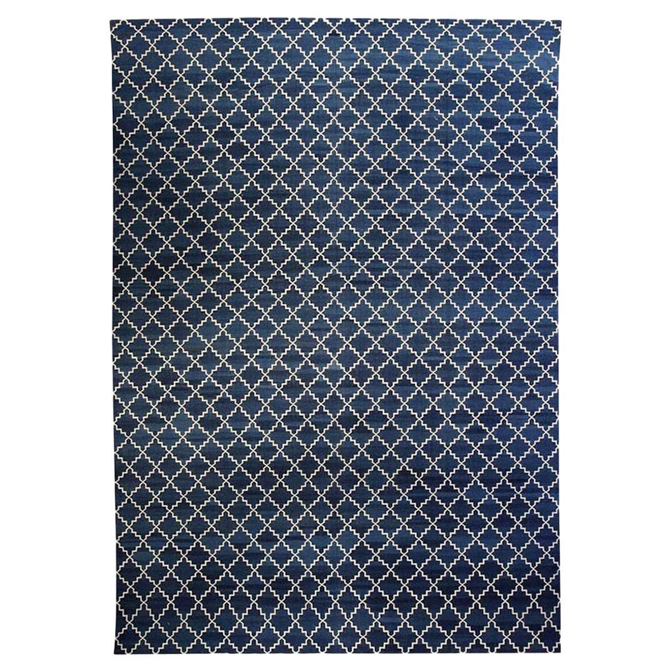 Modern Indian Dhurrie Blue, White Handmade Cotton Rug by Doris Leslie ...