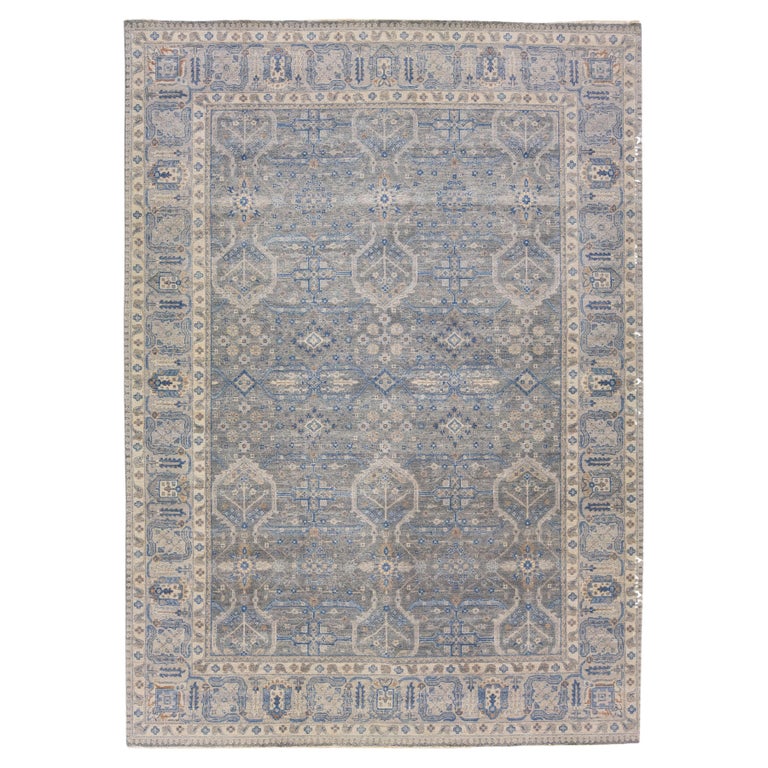 Modern Indian Gray Handmade Floral Wool Rug by Apadana For Sale at 1stDibs