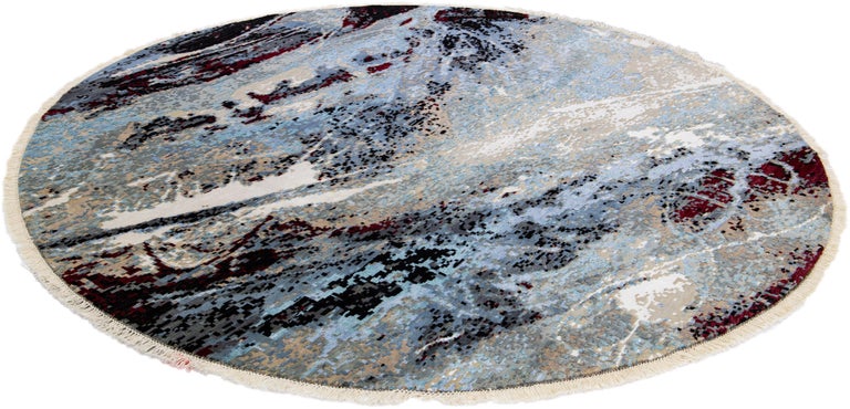 Modern Indian Handmade Abstract Wool and Silk Tan Round Rug For Sale at ...