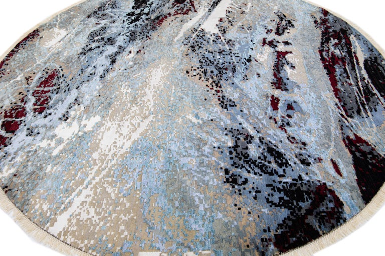 Modern Indian Handmade Abstract Wool and Silk Tan Round Rug For Sale at ...