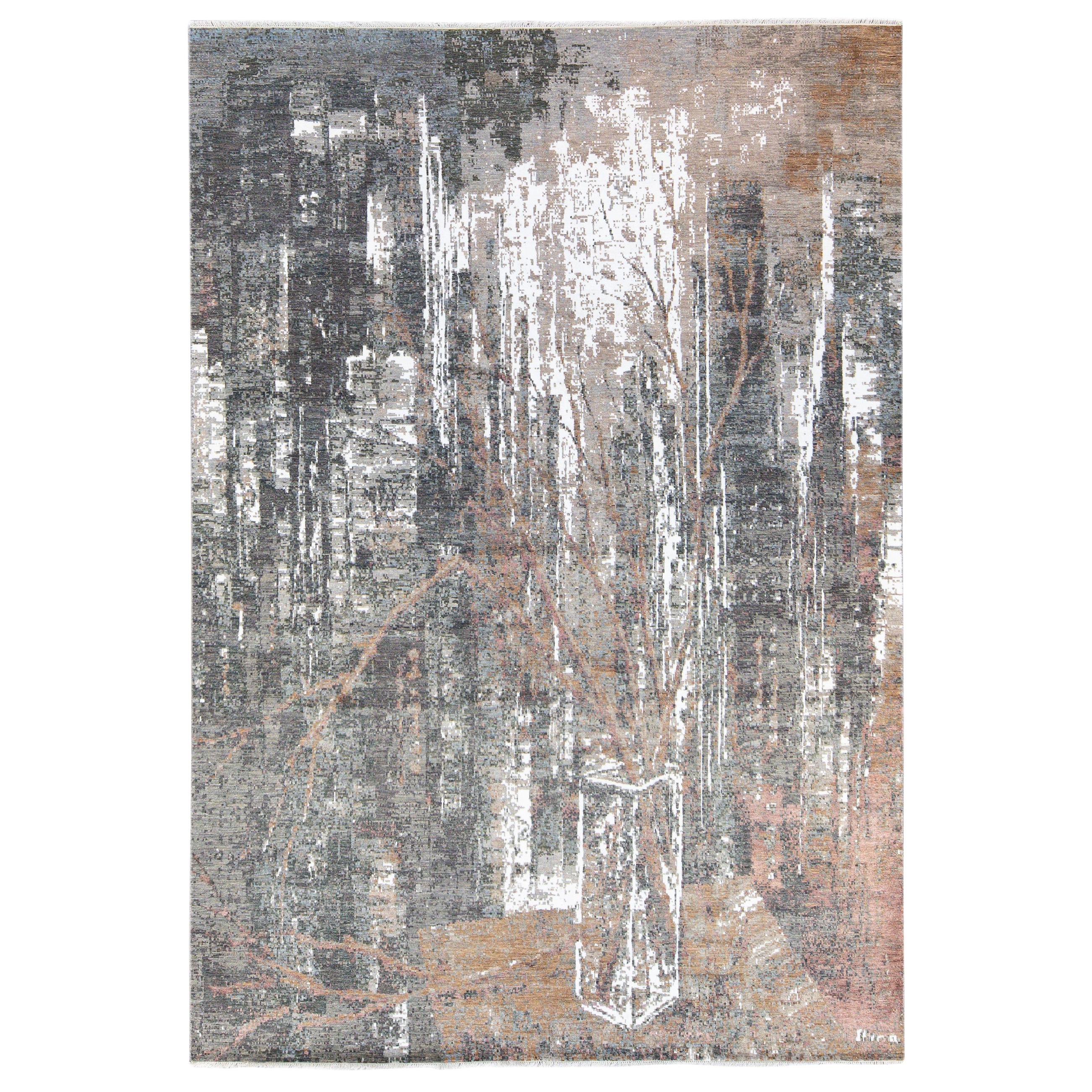 Modern Indian Handmade Gray Abstract Wool and Silk Rug For Sale at 1stDibs