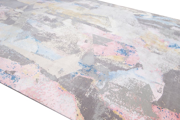 Modern Indian Handmade Multicolor Abstract Wool and Silk Rug For Sale ...