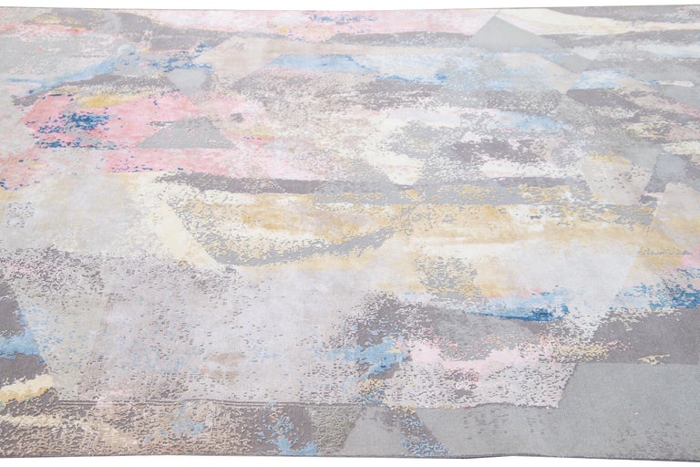 Modern Indian Handmade Multicolor Abstract Wool and Silk Rug For Sale ...