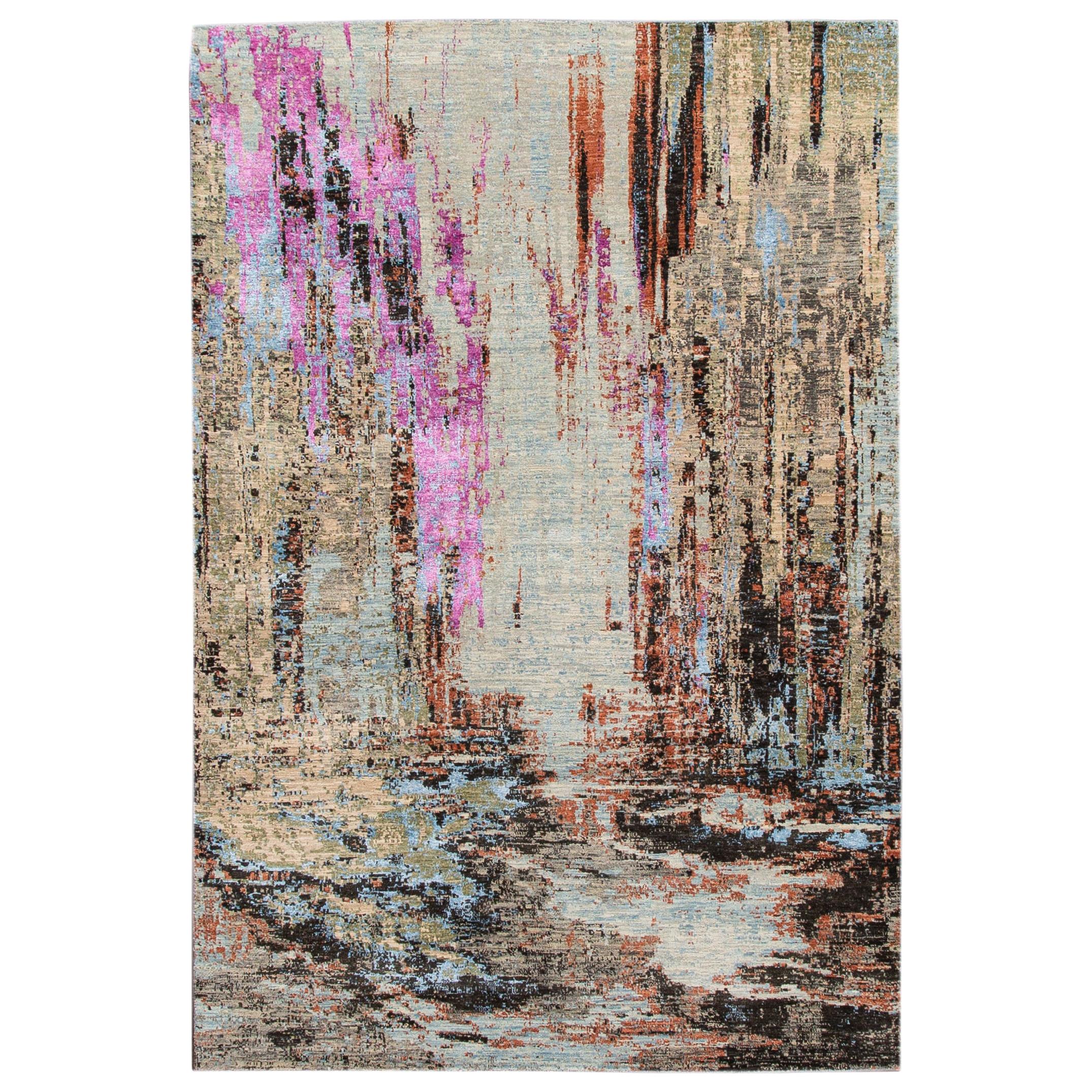 Modern Indian Handmade Multicolor Abstract Wool and Silk Rug For Sale ...