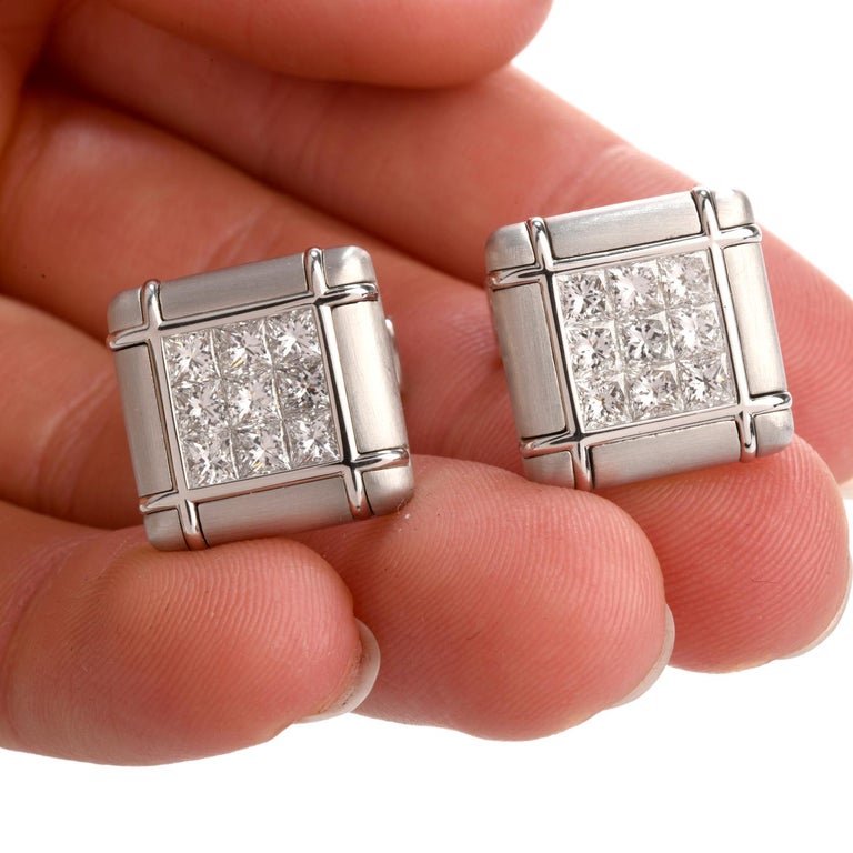 Modern Invisibly Set Square Princess Cut Diamond Cufflink Set For Sale ...