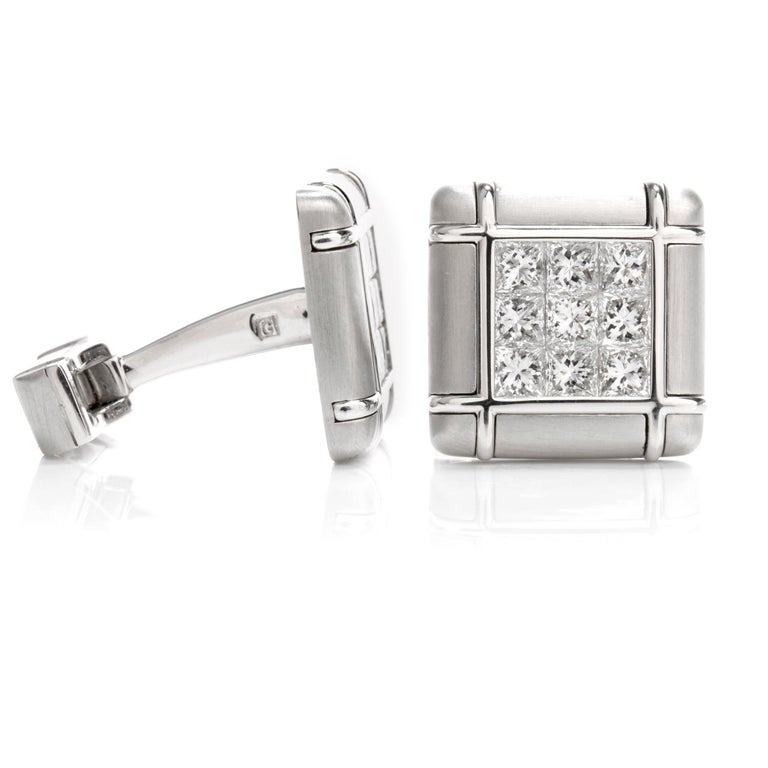 Modern Invisibly Set Square Princess Cut Diamond Cufflink Set For Sale ...