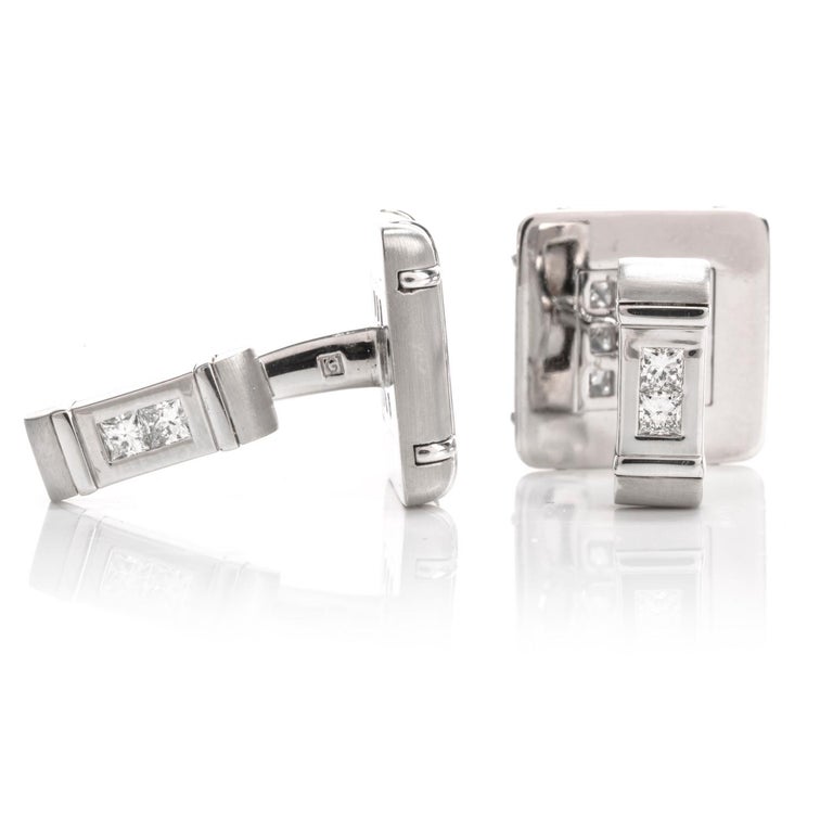 Modern Invisibly Set Square Princess Cut Diamond Cufflink Set For Sale ...