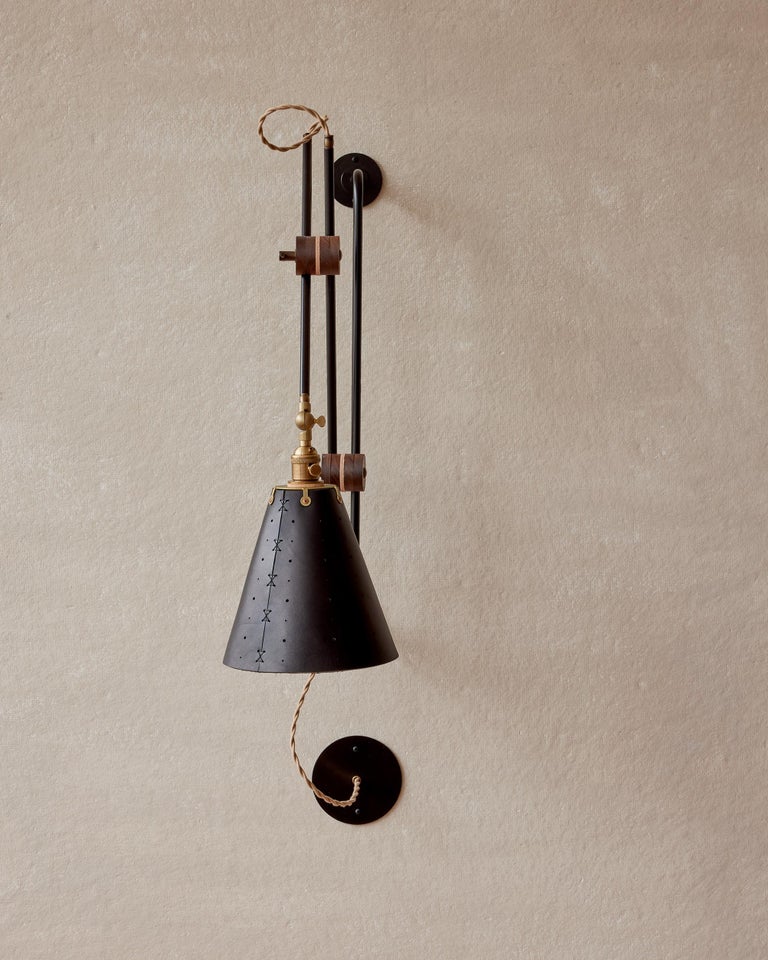 Modern Iron and Black Leather Grace Articulating Wall Sconce, Hardwired ...