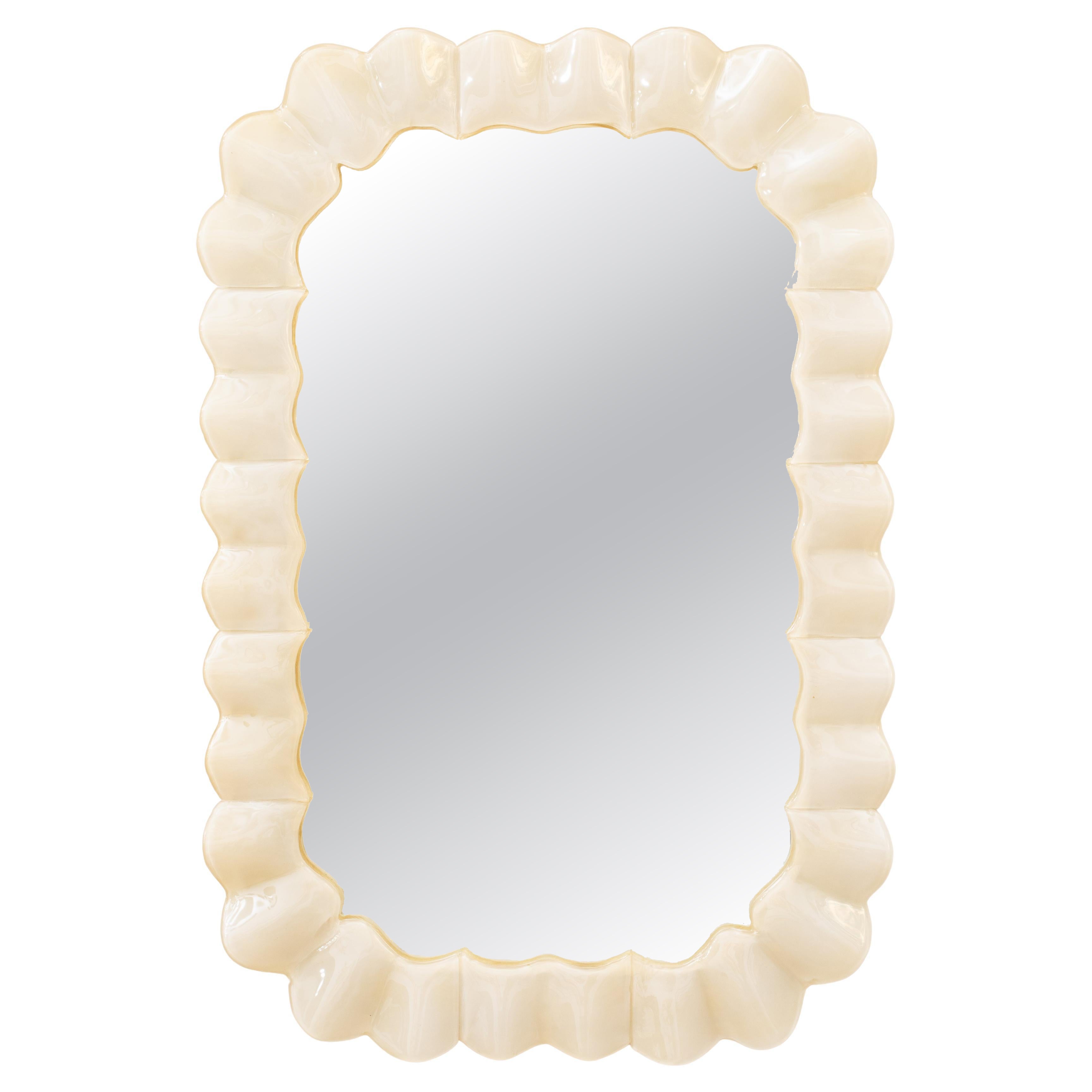 Modern Italian High-Gloss Cream Mirror with Ruffled Wavy Frame, in ...