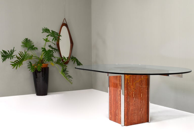 Modern Italian Oval Dining Table in Marble, Chrome and Glass, Italy ...