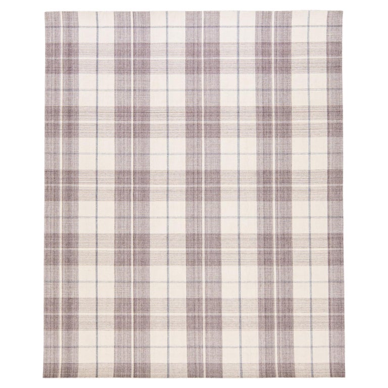 Modern Ivory and Gray Flatweave Geometric Check Pattern Wool Rug For ...