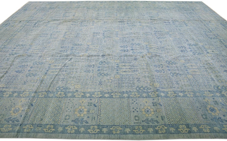 Modern Khotan Style Gray Handmade Wool Rug with Allover Motif For Sale ...