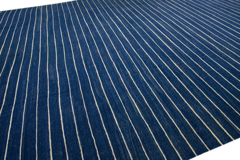 Modern Kilim Flat-Weave Navy Blue Oversize Wool Rug with Stripe Pattern ...
