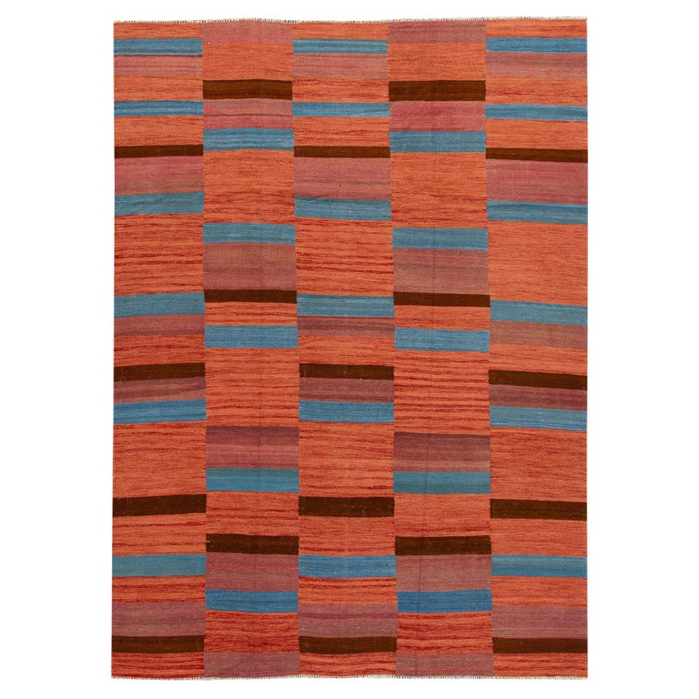 Modern Kilim Flatweave Orange Geometric Abstract Wool Rug For Sale at ...