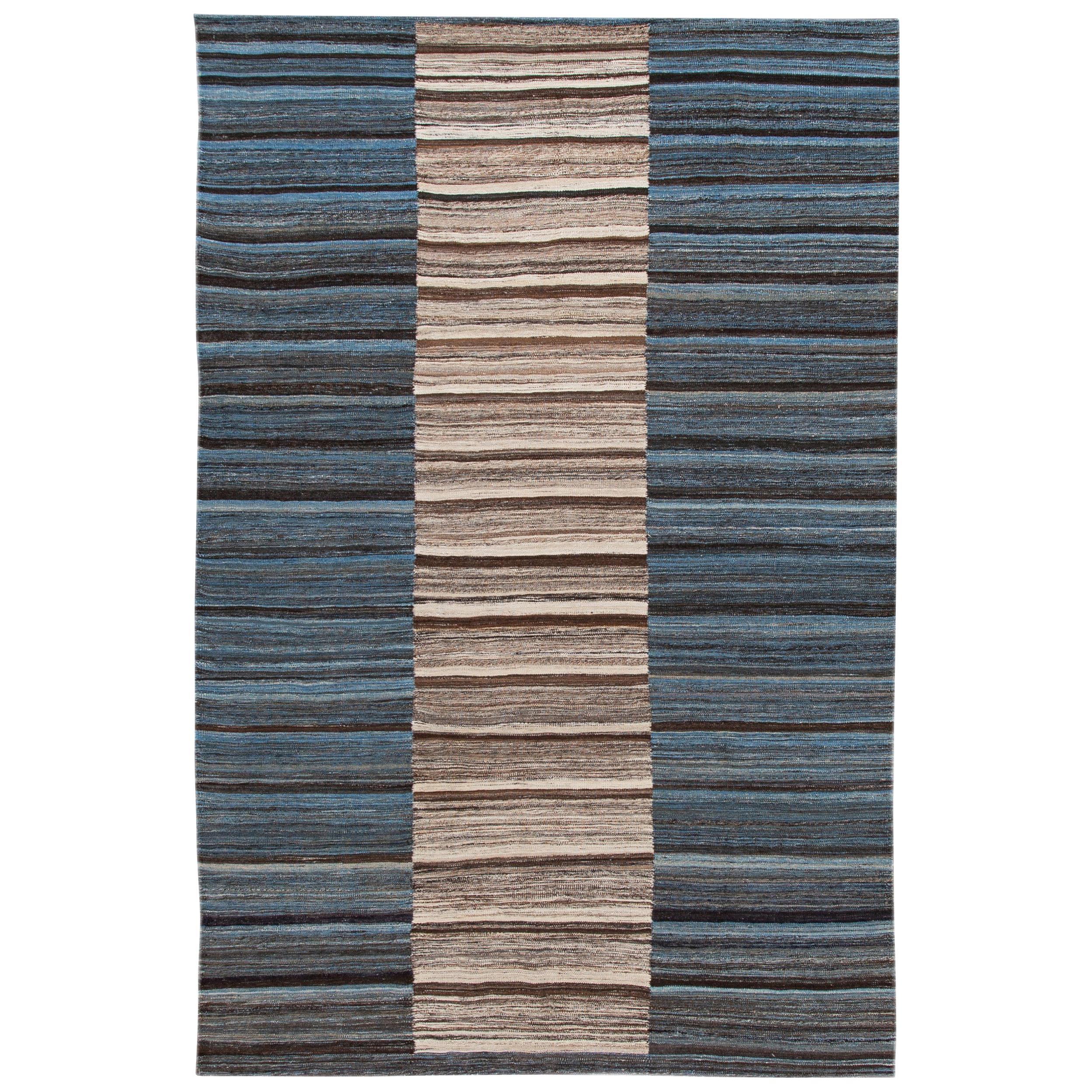 Modern Block Colour Wool Kilim Handmade Striped Area Rug at 1stDibs