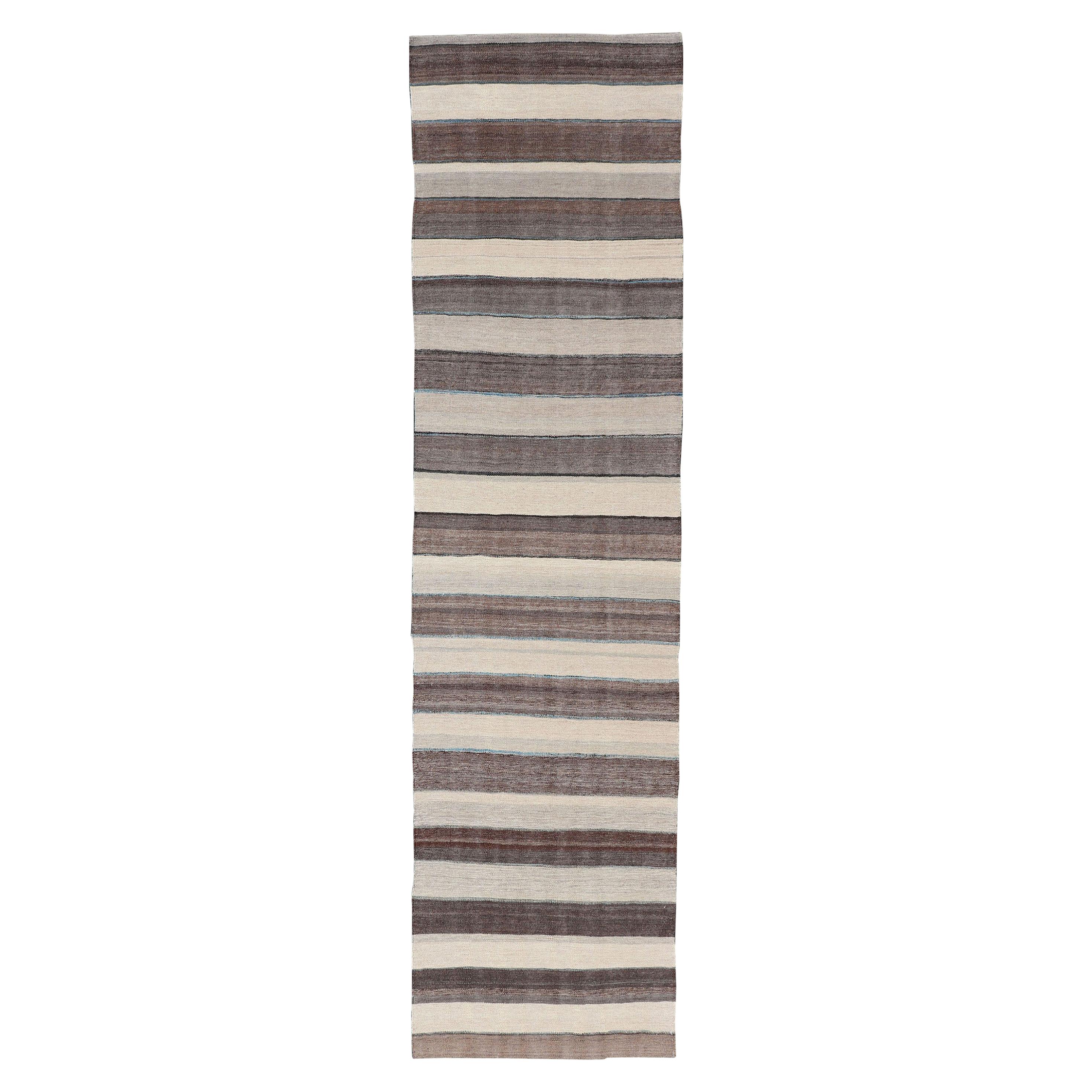 Modern Kilim Rug with Stripes in Shades of Blue, Taupe, Gray and Cream ...