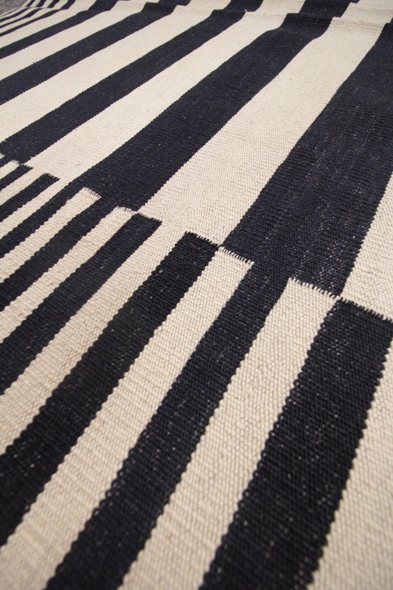 Modern Kilim Rugs Handmade Black Cream Kilim, Flat Striped Wool Rug at ...